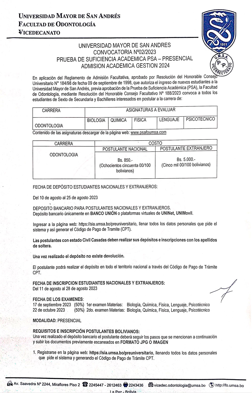 Admisiones - UMSA-FO - Universidad Mayor de San Andrés