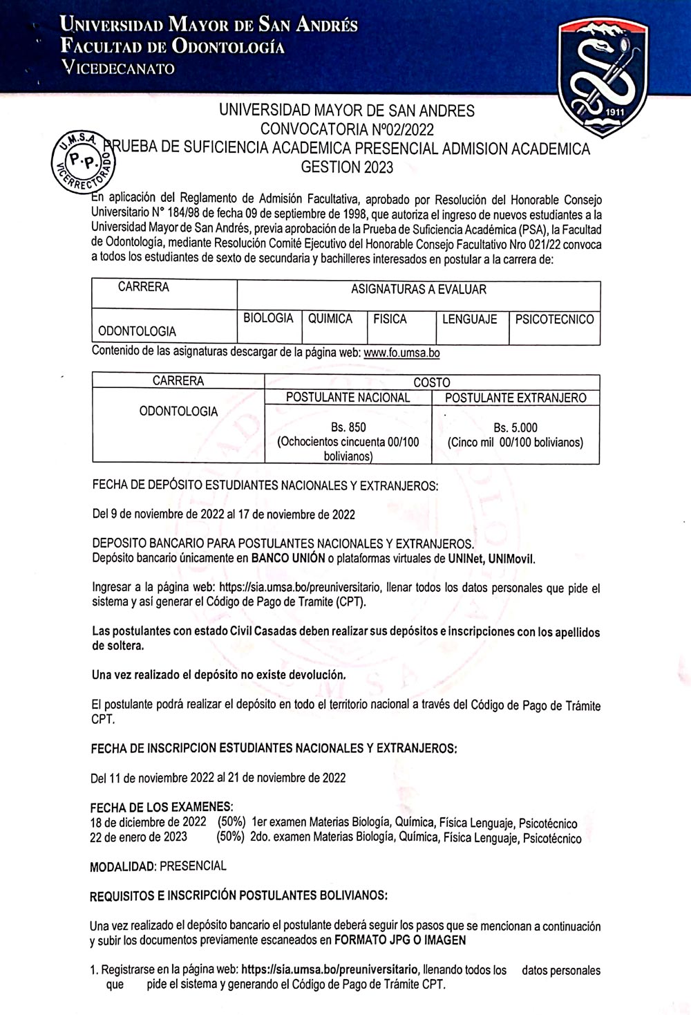 Proceso de Admision - UMSA-FO - Universidad Mayor de San Andrés